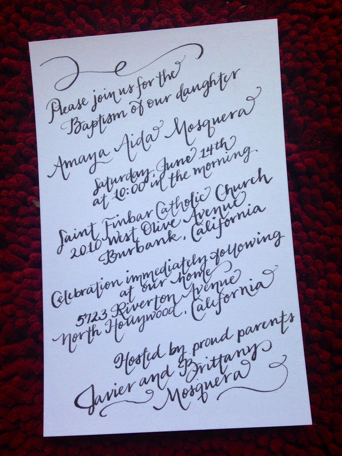 2 Hearts B 1 Designs: {Calligraphy Monday} Baby Baptism Invitation