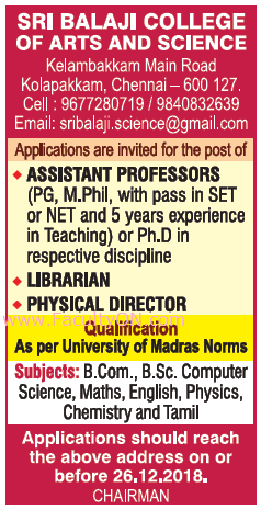 Sri Balaji College of Arts and Science, Chennai, Wanted Assistant Professor Plus Faculty ...