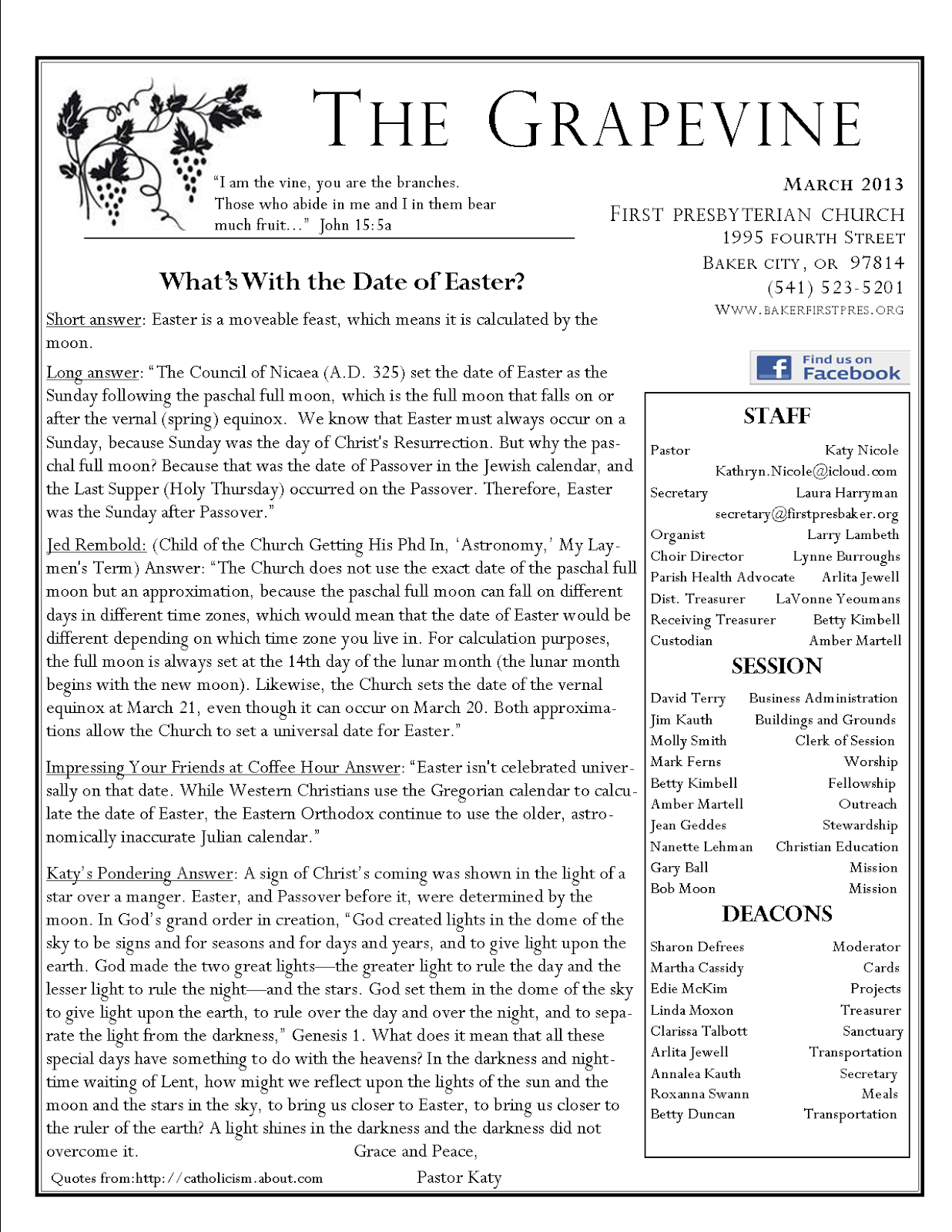 First Presbyterian Church Newsletters - Archived: March 2013 Grapevine ...