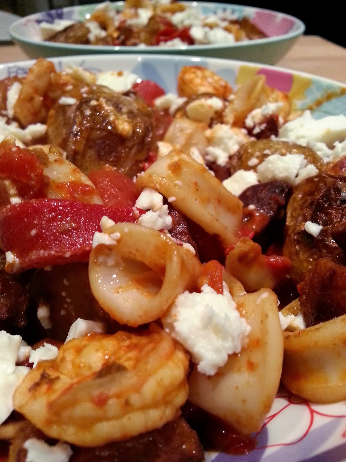 Slimming World Delights: Squid, Shrimp and Chorizo with Feta and New ...