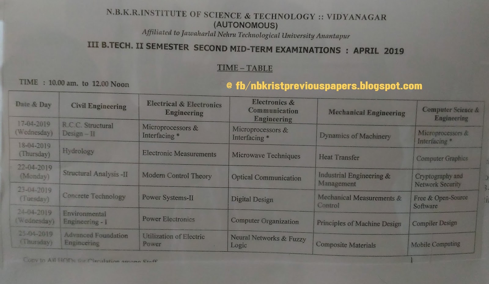 Third year (3-2) second mid time table 2019