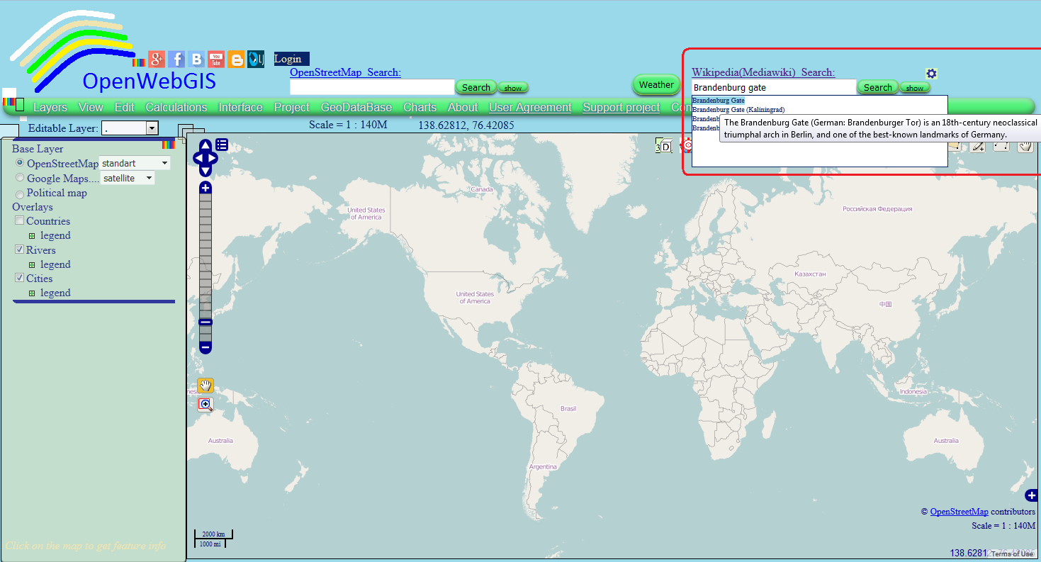 OpenWebGIS is free online GIS: Integrating your map service and Wikipedia using JavaScript and PHP