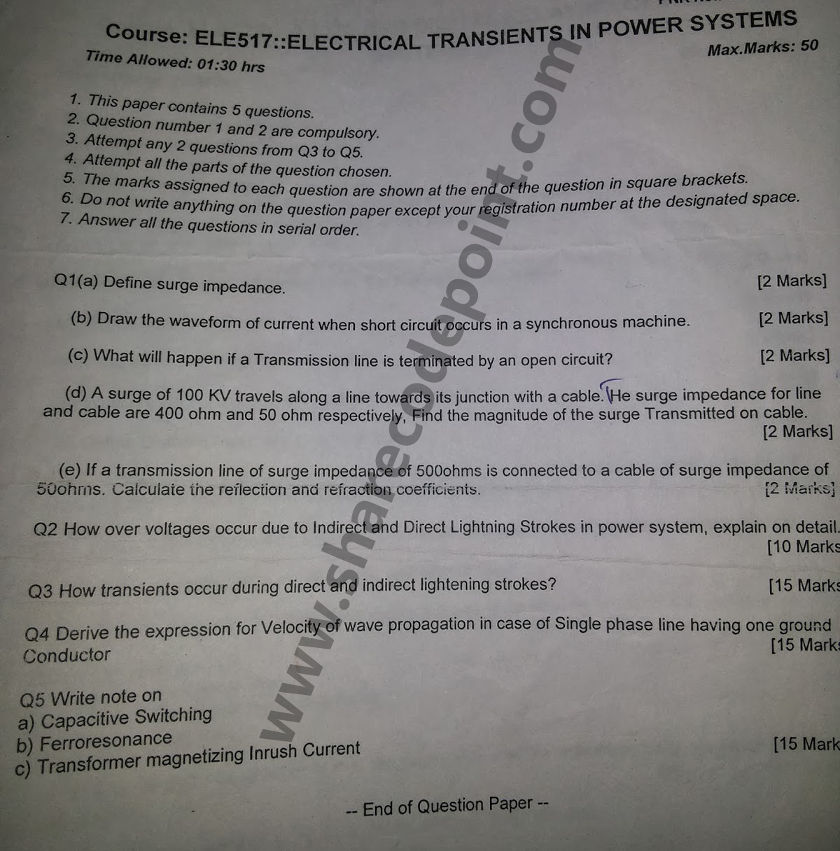 ELE517 : Electrical Transients in Power Systems Mid Term Exam Question ...