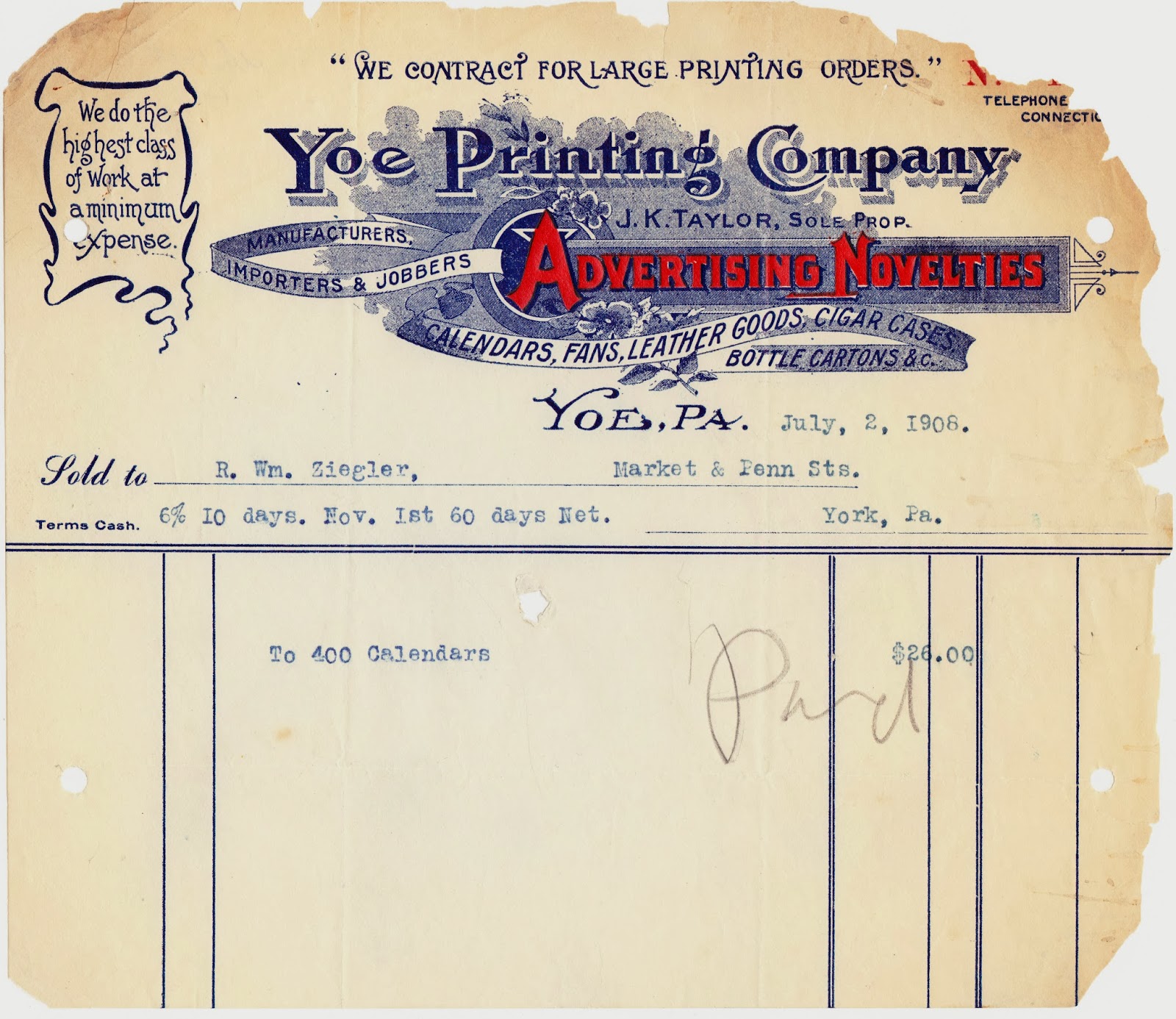 Papergreat: 1908 receipt for 400 calendars from Yoe Printing Company