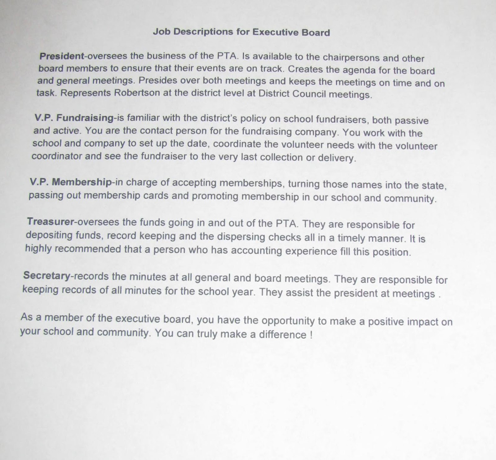 Robertson PTA: 2013-2014 Executive Board Positions