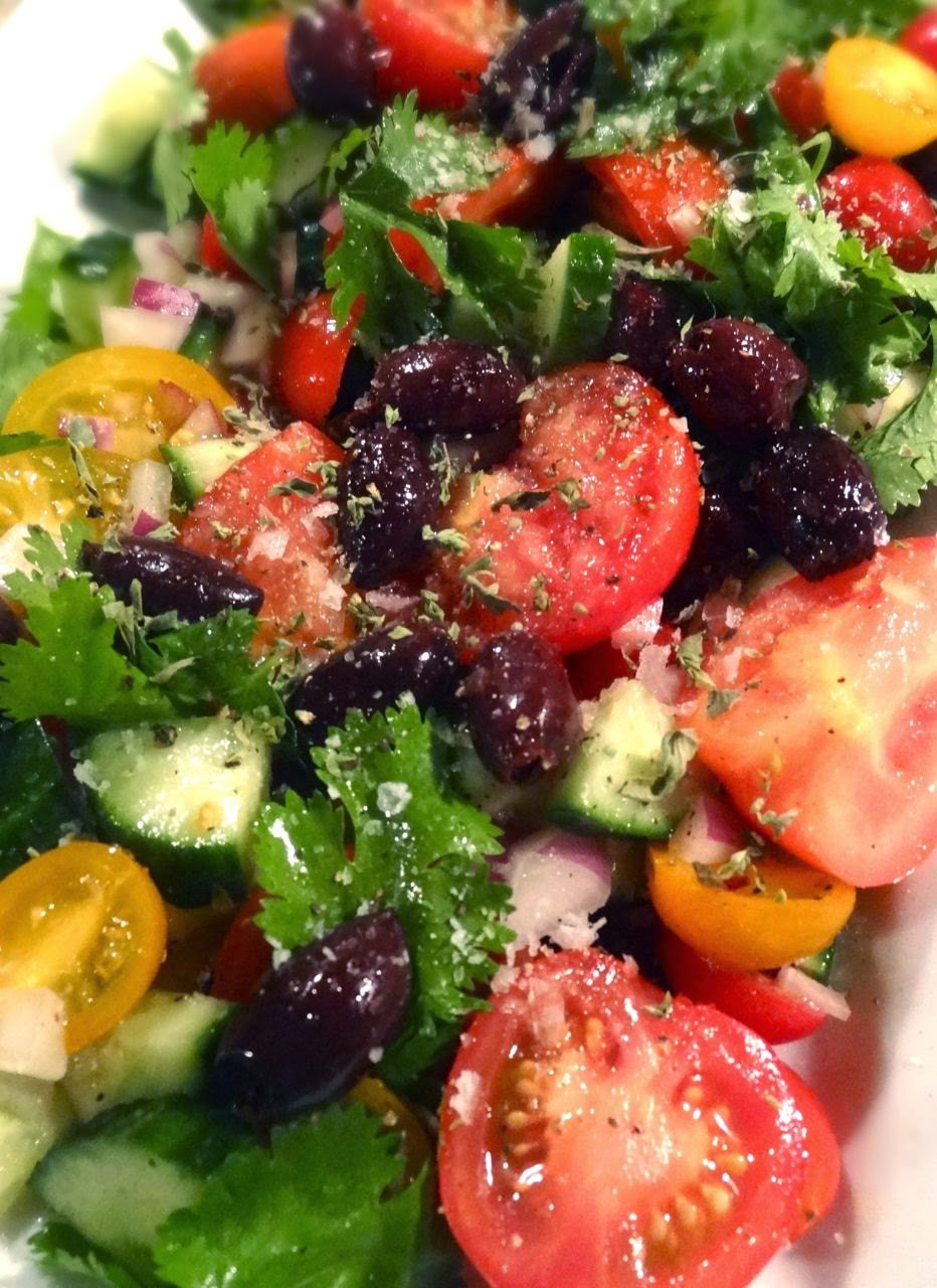 Scrumpdillyicious: Mixed Tomato Salad with Cucumber & Olives