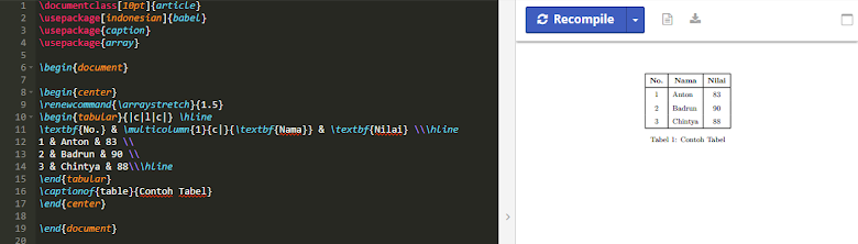 Menulis dengan LaTeX: Tutorial No.7: Bekerja dengan Teks - Pembuatan Tabel