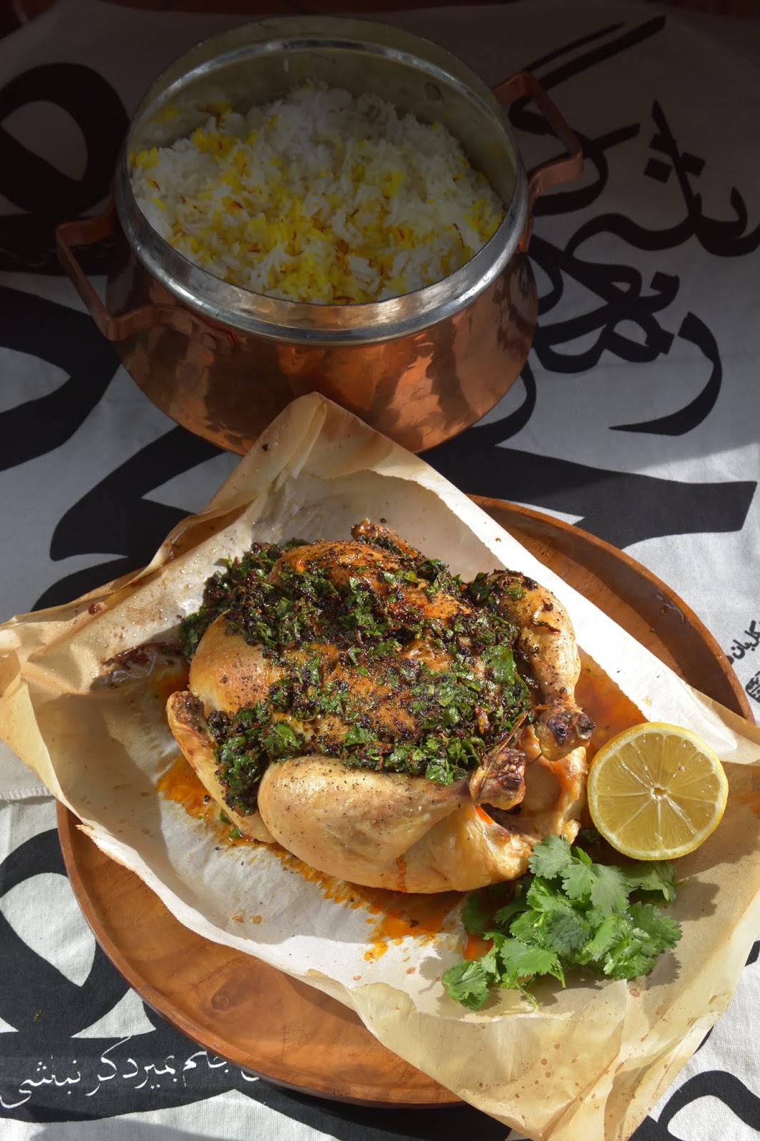 Lebanese roast chicken with lemon, garlic, and cilantro sauce