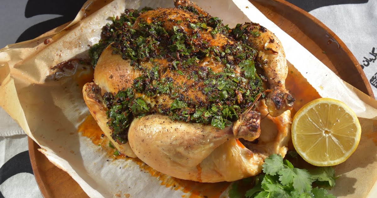 Lebanese roast chicken with lemon, garlic, and cilantro sauce