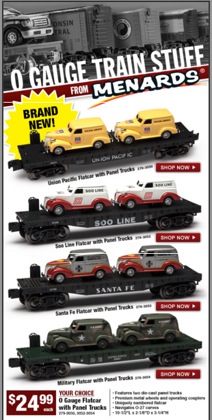 New Menards O Gauge Cars With Vintage Panel Trucks