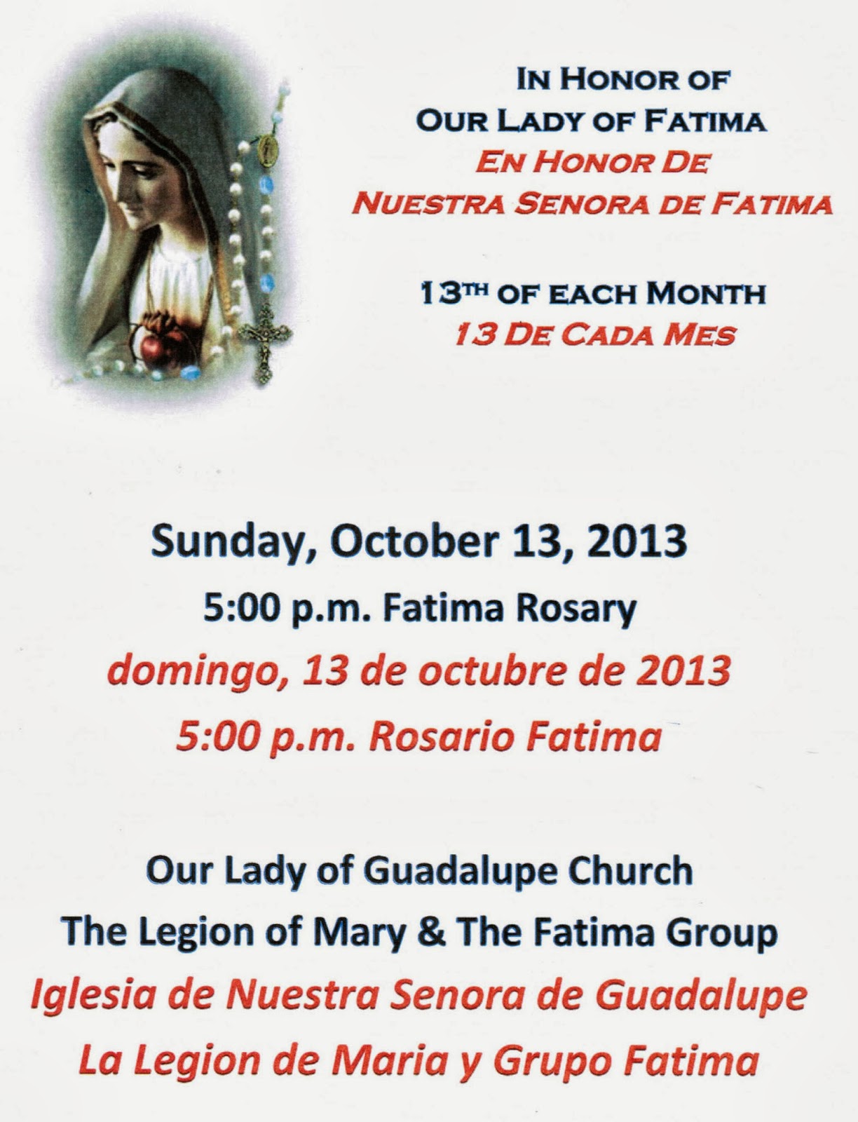 Sunday, October 13, 2013: Fatima Rosary at 5:00 pm at Our Lady of ...