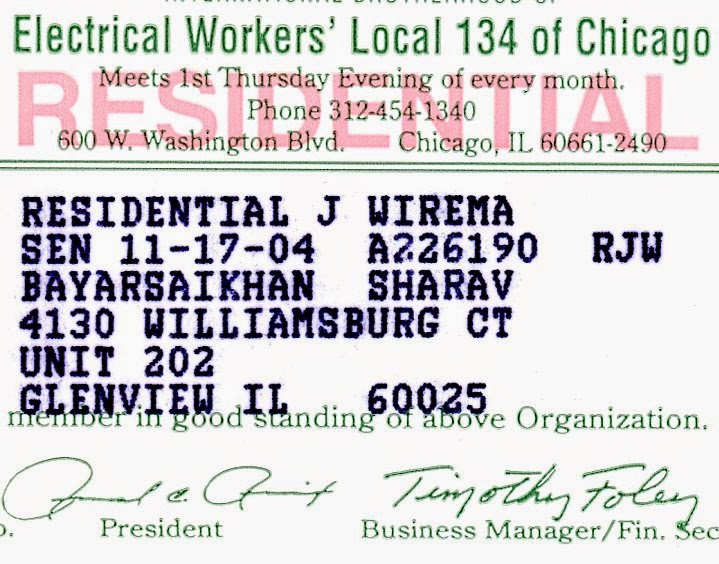 Electric Work: I.B.E.W. Union Local Number 134 Membership Card