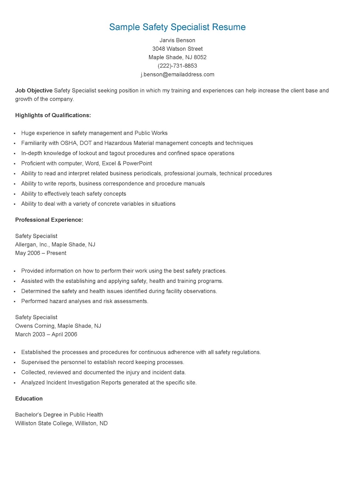 Resume Samples: Sample Safety Specialist Resume
