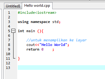 cara menampilkan "hello world" di c++ dengan dev c++