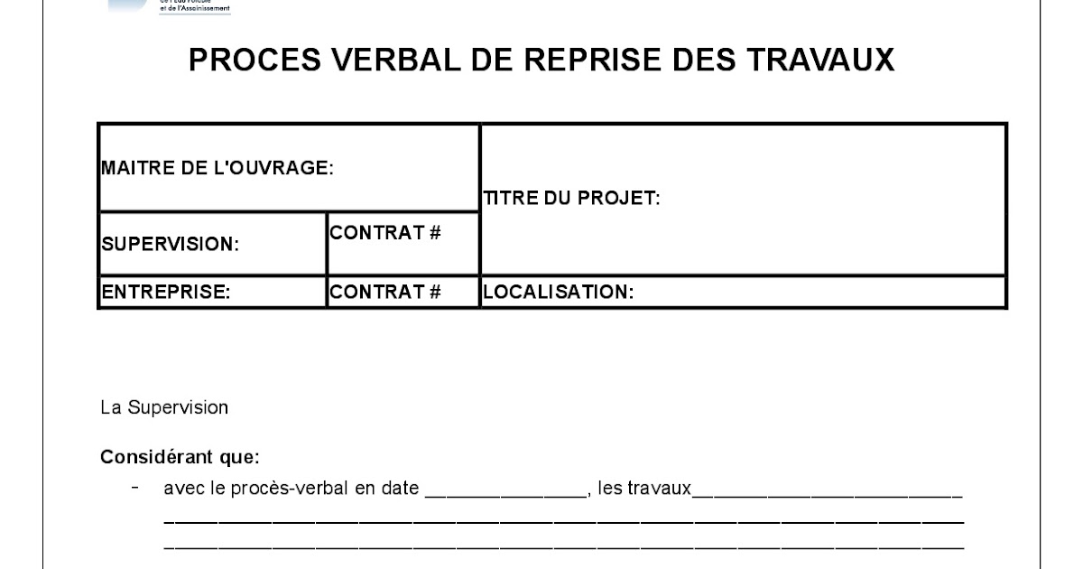 Modèle PV de reprise des travaux BTP