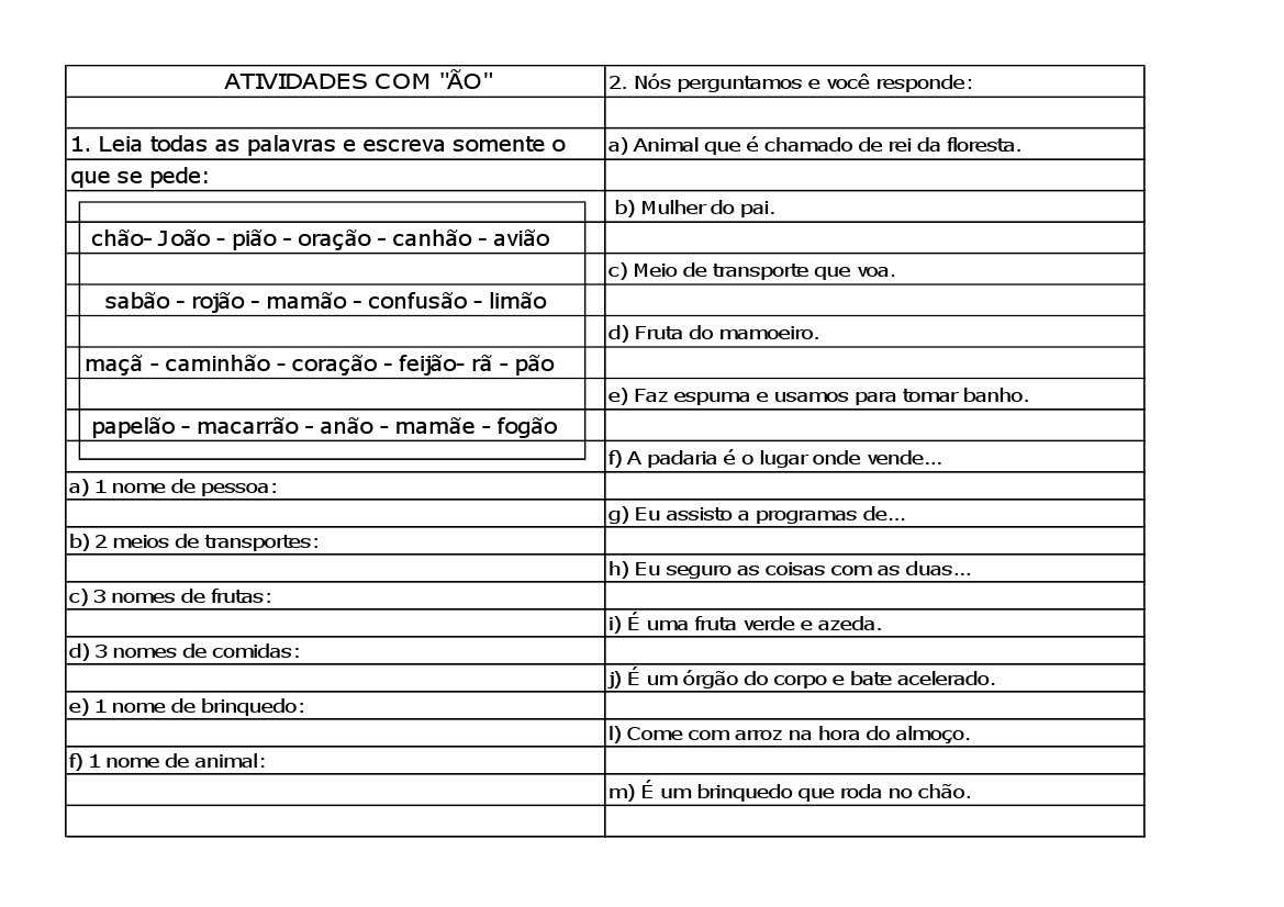 ATIVIDADES COM "ÃO" ~ Atividades Escolares