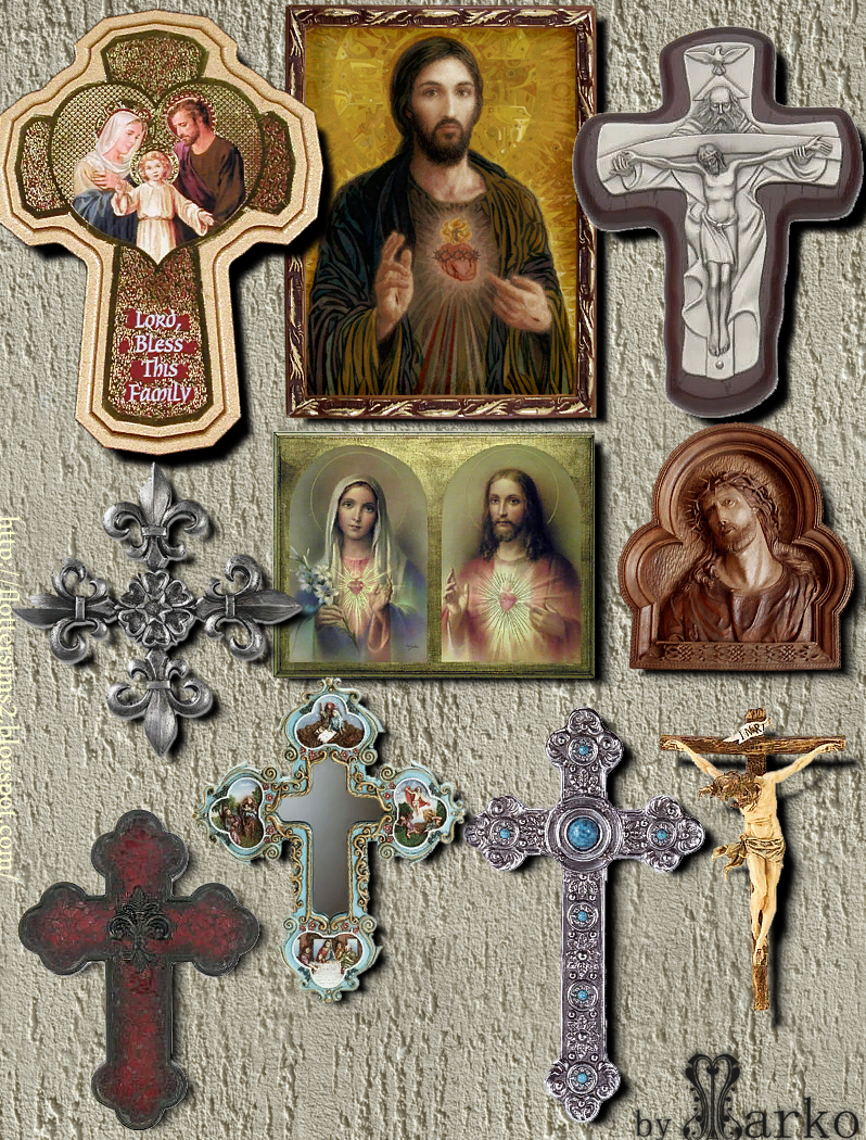 Flotteur: Catholic religious paintings and crucifixes on the wall