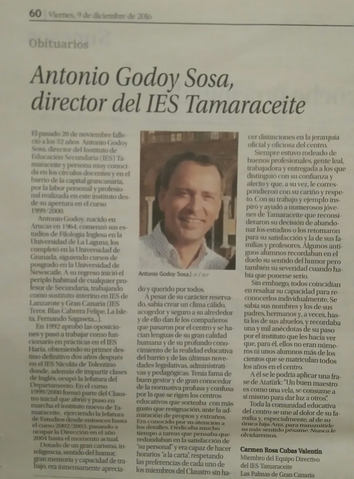 Antonio Godoy, director del IES Tamaraceite, en el recuerdo.
