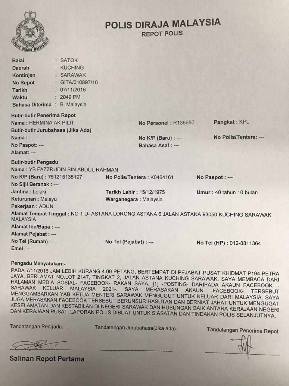 Sarawakian Marks: Laporan polis terhadap pemilik facebook fitnah Ketua ...