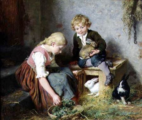 Children and Their Pet Rabbits ~ Antique Oil Paintings