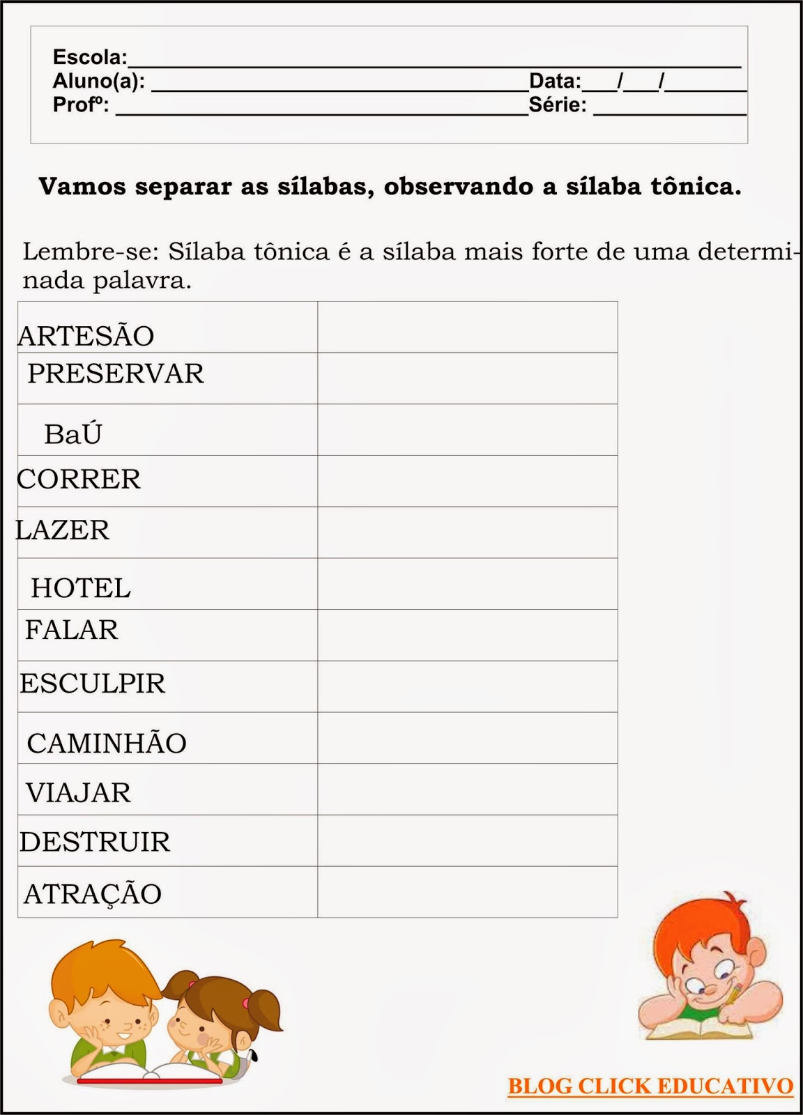 SEPARAÇÃO DE SÍLABAS ~ Clicks Educativos