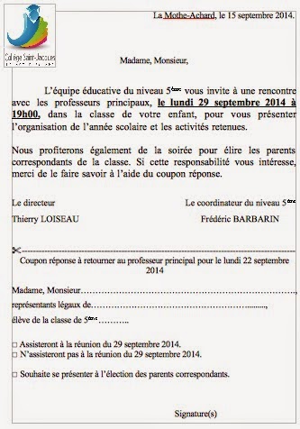 L'actu des cinquièmes: Convocation parents/professeurs principaux pour le niveau 5ème