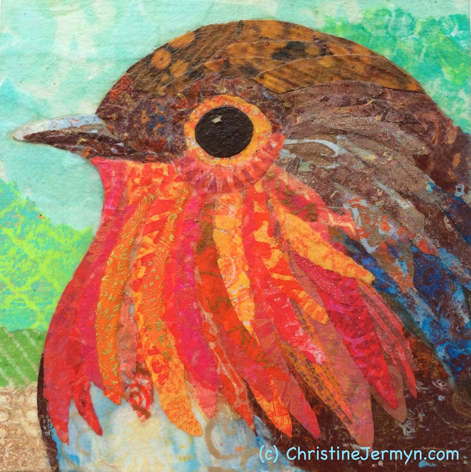 Christine Jermyn Art: Irish Robin - Paper Collage on Wood Panel