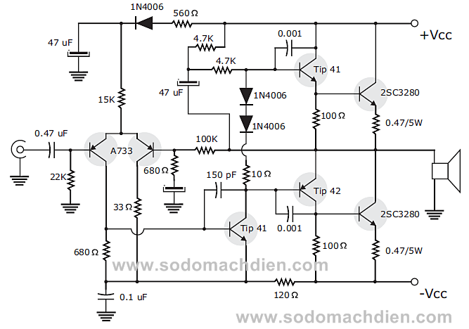 2SC3280 4 transistor ráp mạch công suất ampli 2x100W RMS | Sơ đồ mạch ...