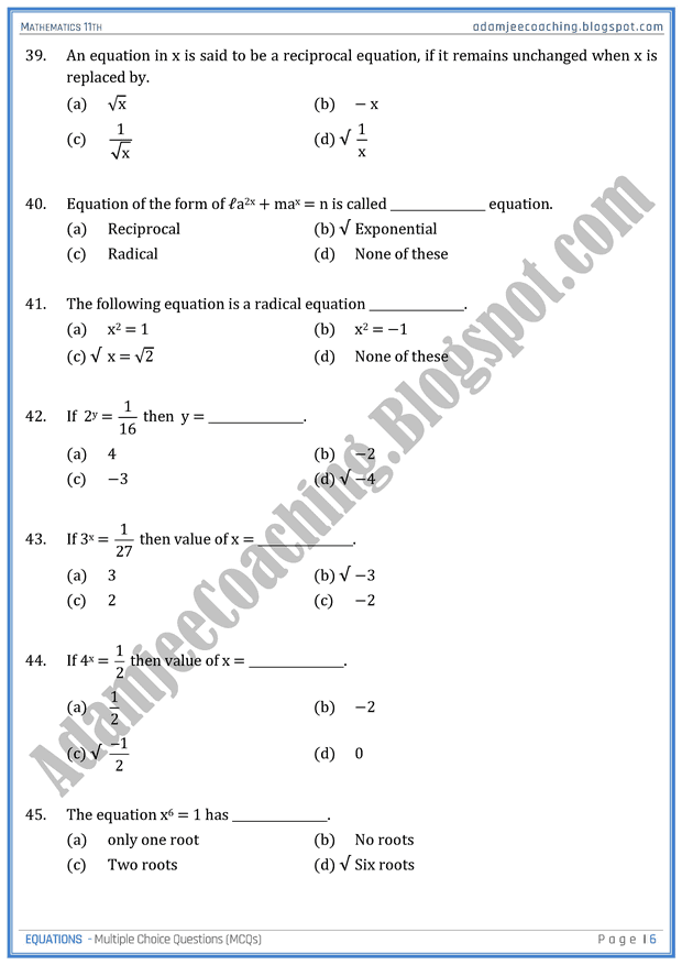 Adamjee Coaching: Equations - MCQs - Mathematics 11th