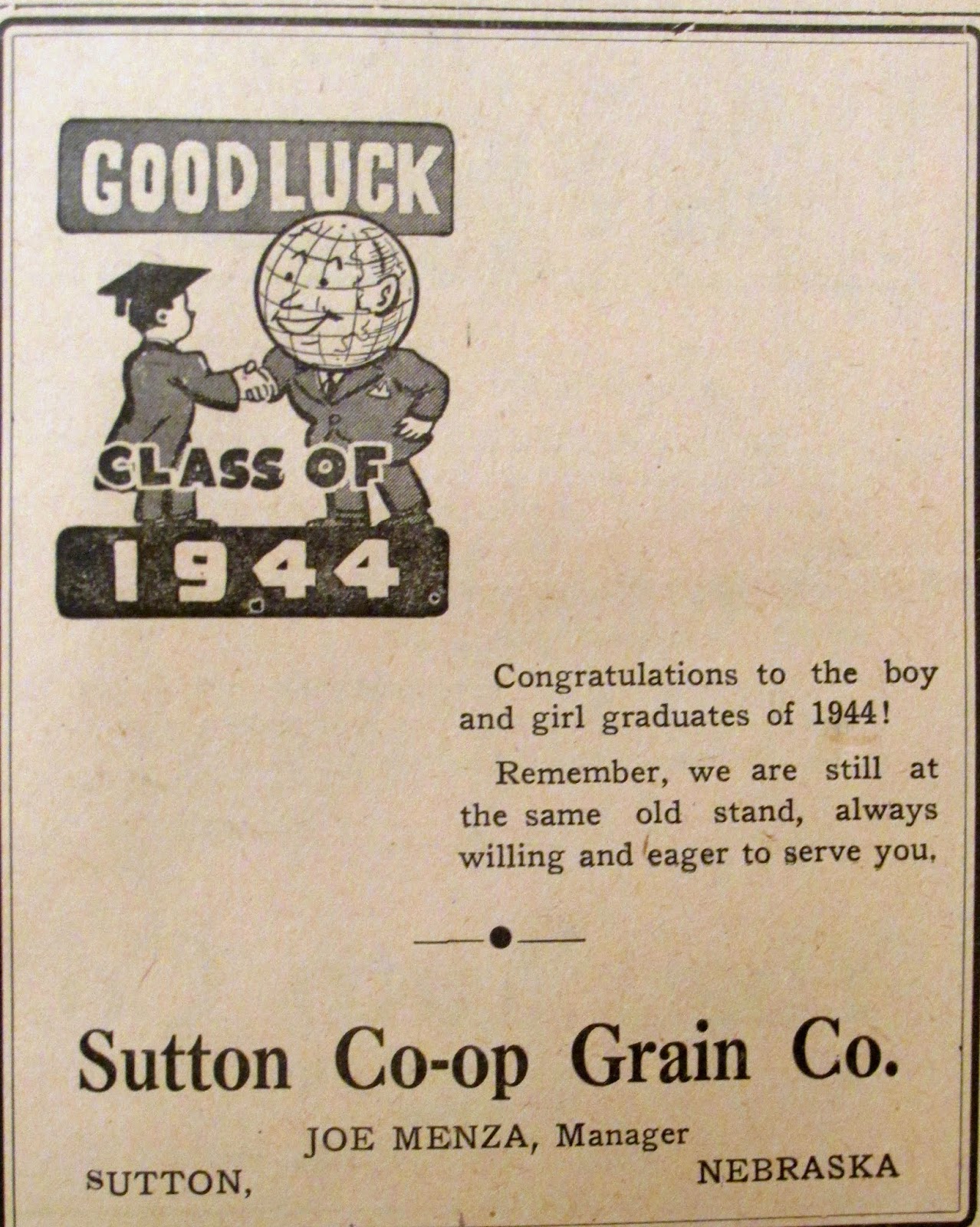 Sutton Nebraska Museum: 1944 Graduates Receive Congrats from Downtown