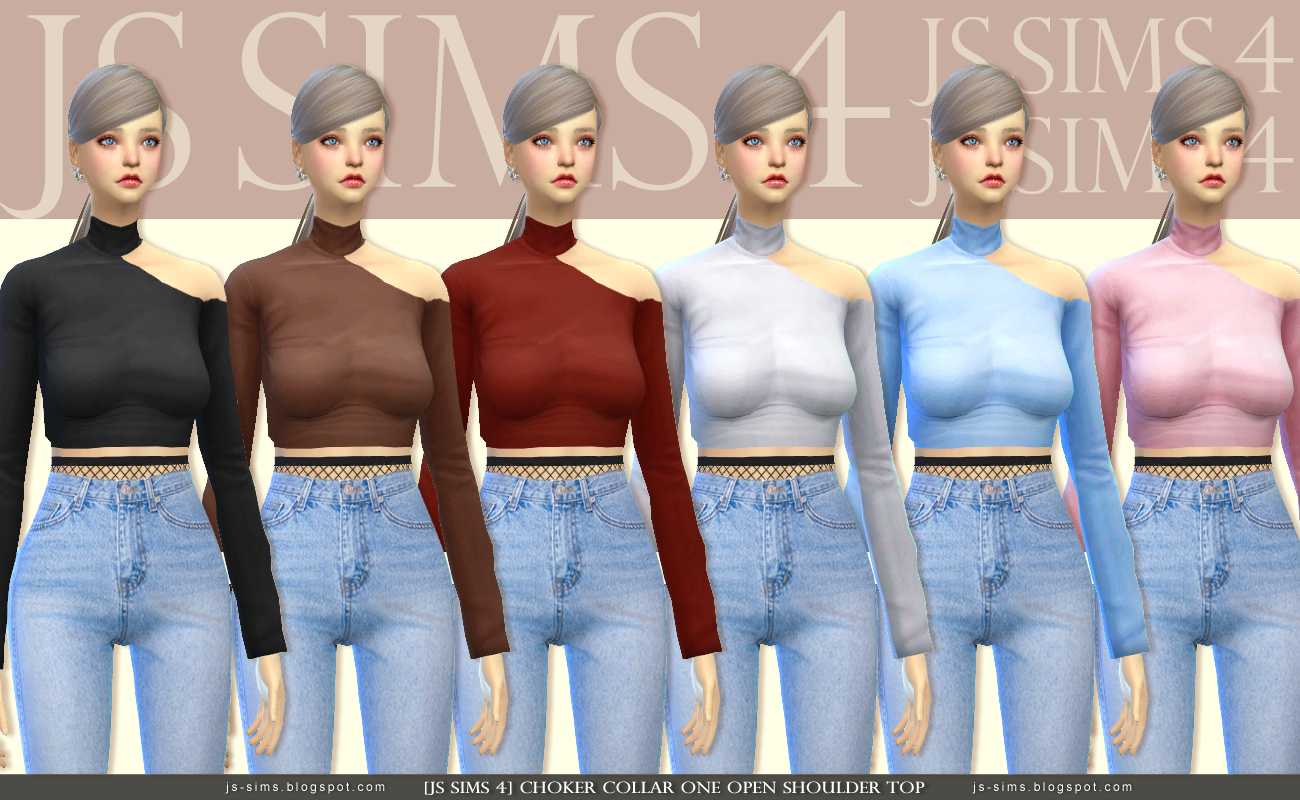 [JS SIMS 4] Choker Collar One Open Shoulder Top & Back Cropped Jeans－JS ...