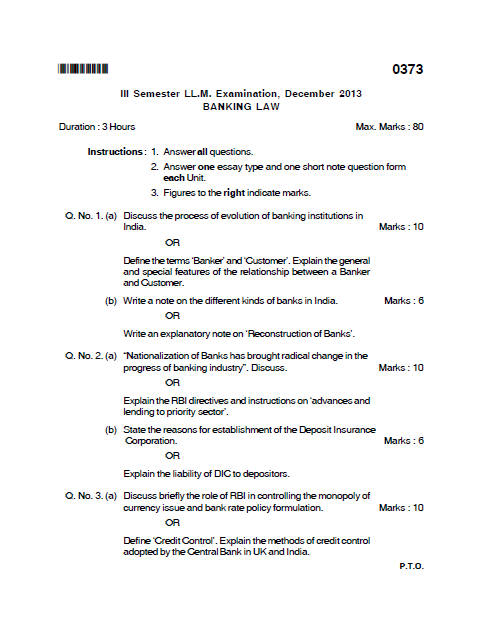 KSLU Banking Law LLM 3rd Semester Dec 2013 Question Paper - University ...