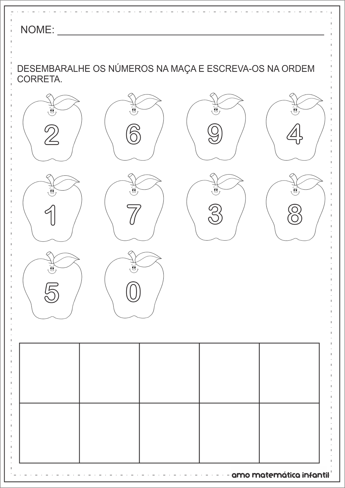 Matemática Infantil: Ordem Numérica 0 a 9 Atividade