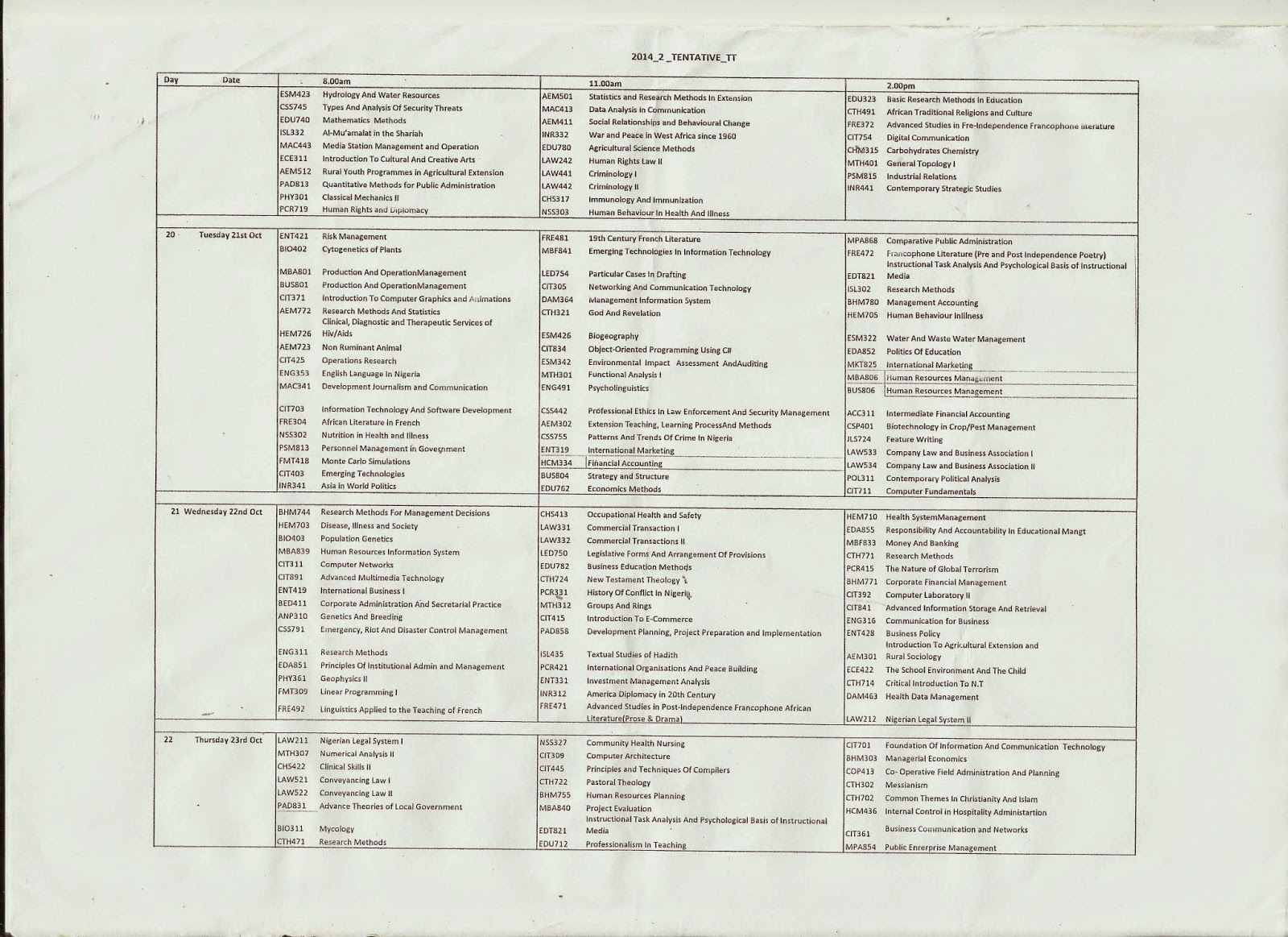 SEPTEMBER 2014 EXAMINATION TIME TABLES (POP & E-EXAM). | National Open ...