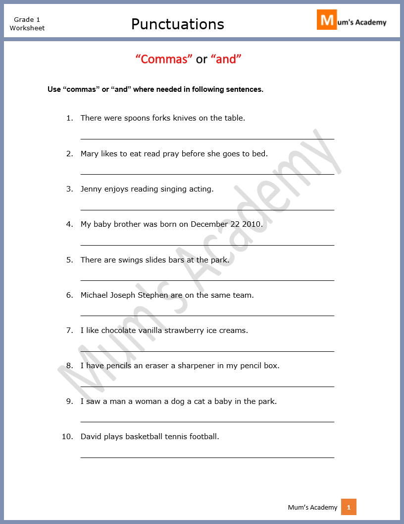 Grade 1 - Worksheet - More Punctuation - II (Comma or and) - Mum's Academy