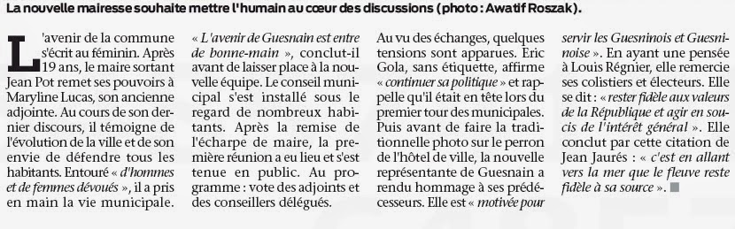 GUESNAIN ACTUALITÉS: JEAN POT PASSE LE TÉMOIN À MARYLINE LUCAS