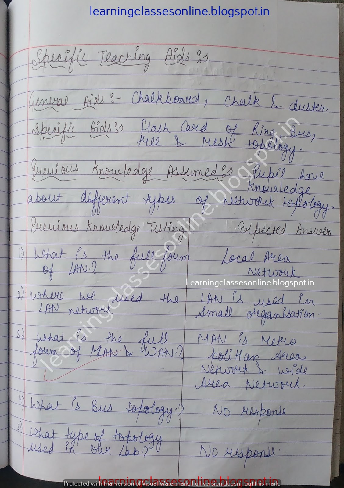 Lesson Plan For Computer Teachers on Networks - Bus and Ring topology