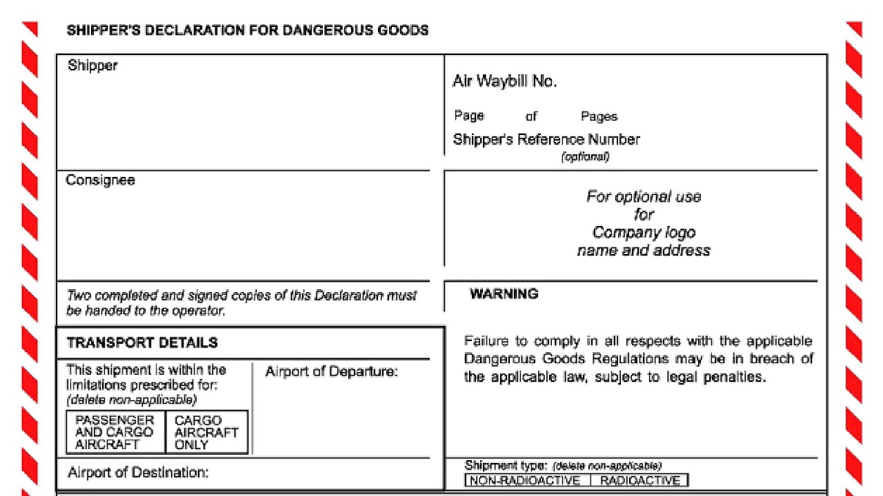 Shipper Declaration For Dangerous Goods Form - Danger Choices