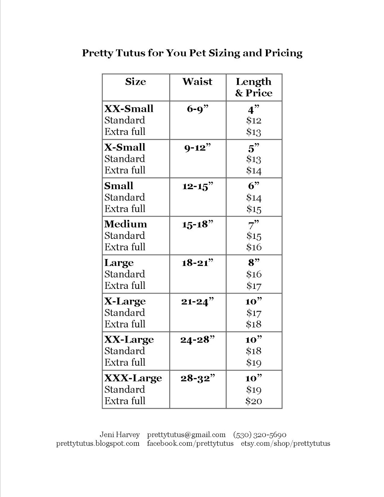 Jeni Harvey Designs: Sizing/Pricing