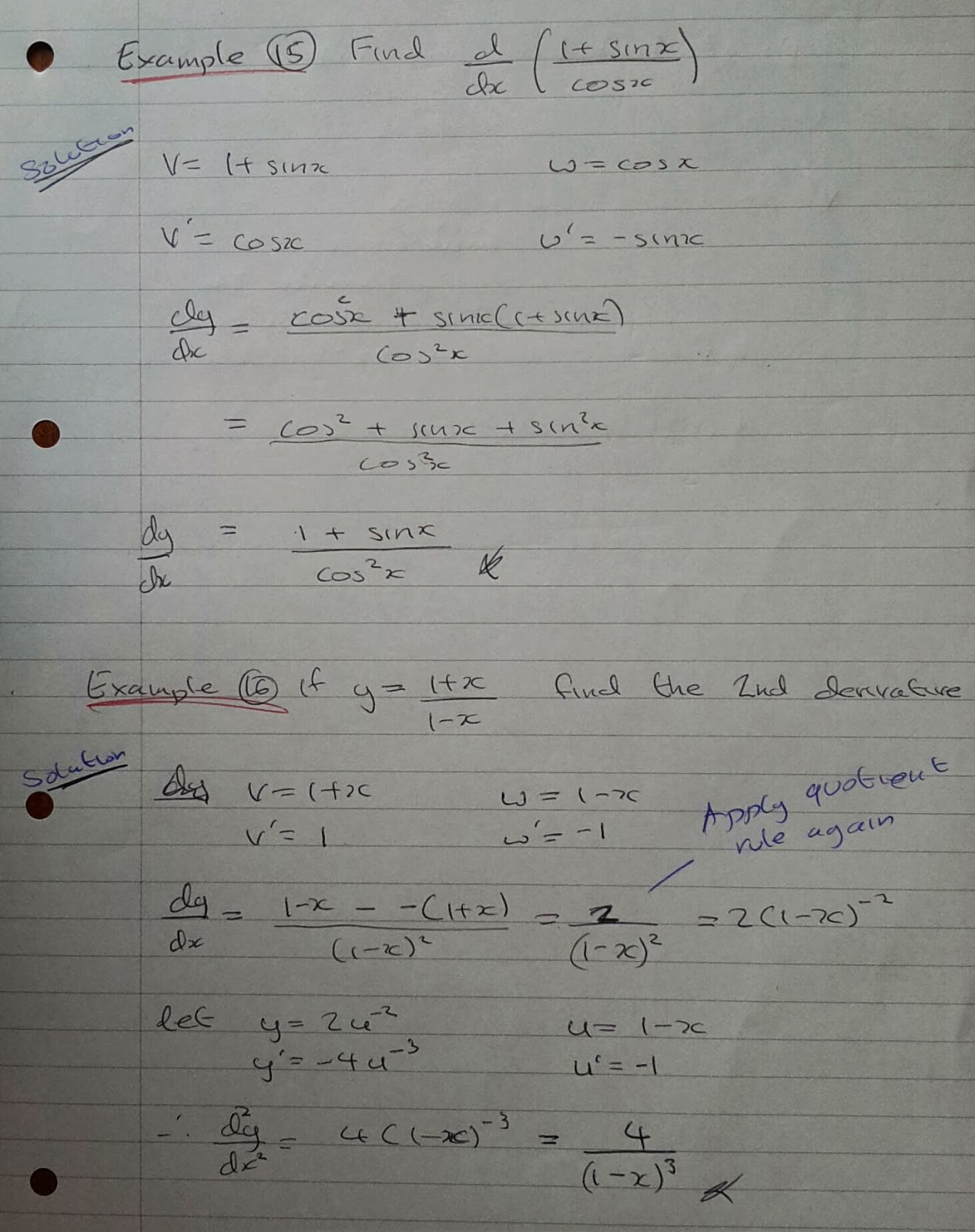 A Level Maths Notes: A2 Differentiation Quotient Rule Part 5