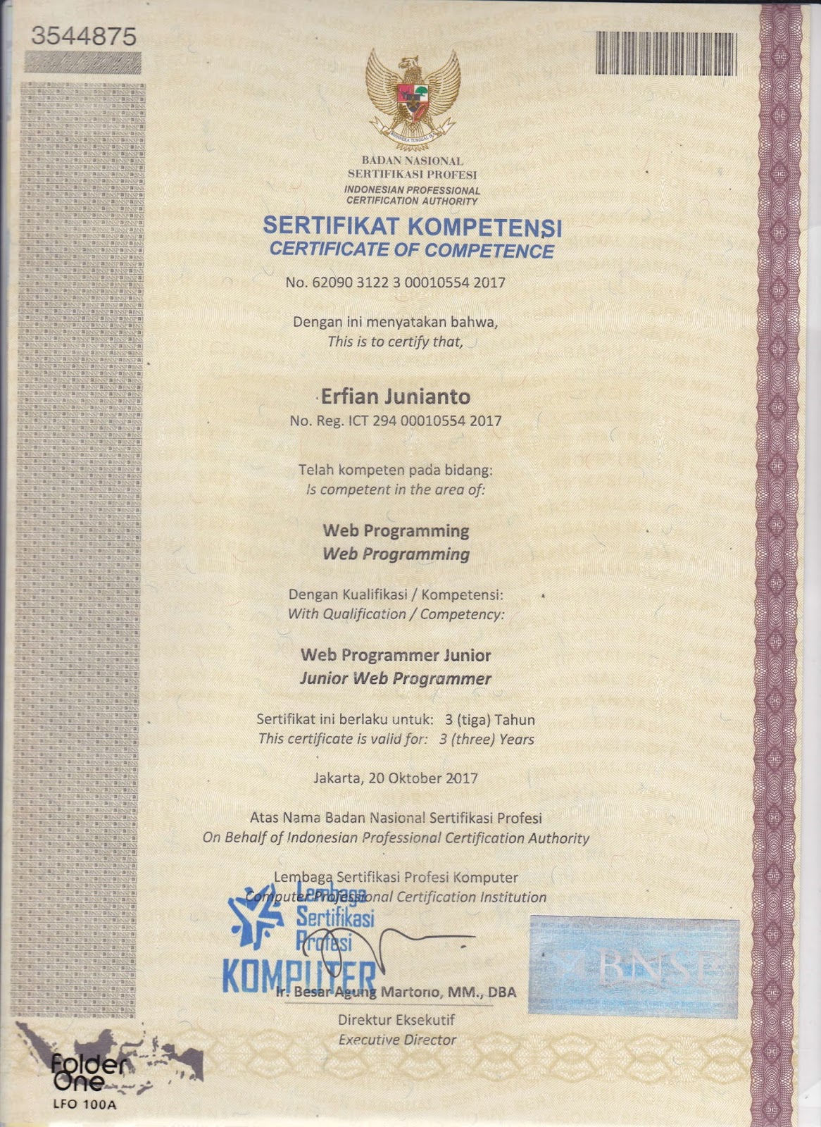 Sertifikasi Kompetensi Junior Web Programming dari BNSP - Erfian Junianto