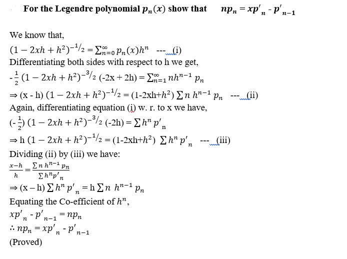 For the Legendre polynomial p_n (x) show that np_n = x〖p^'〗_n - 〖p ...