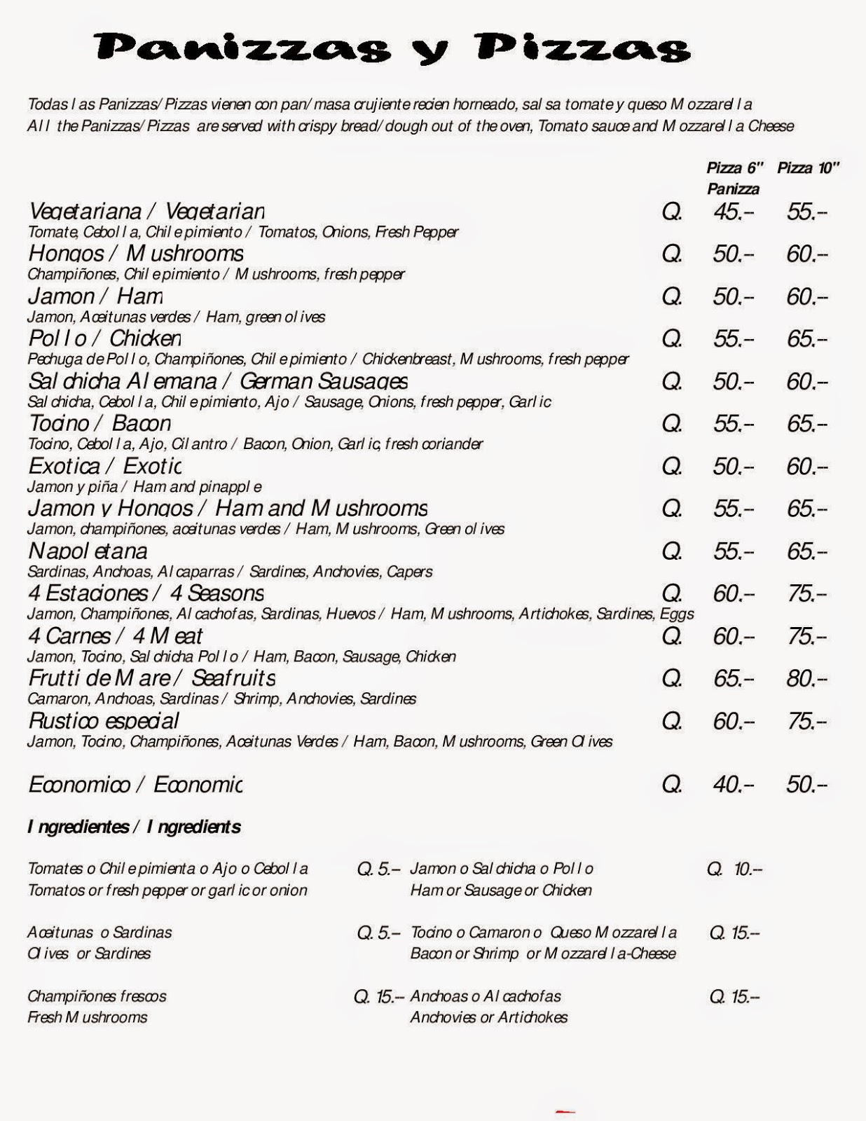 Rustico Pizza Bar Quetzaltenango - Nuestro Menú - Pizzerias en ...