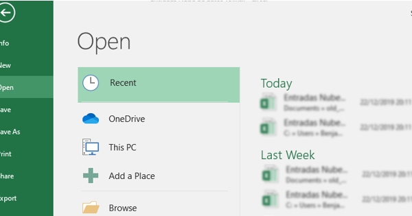 Nube de datos: Increase the number of recent workbooks shown in Excel