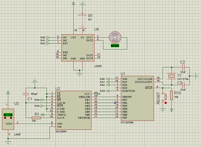 Rangkaian gabungan LM35, ADC0804, PIC16F84A dan L293D