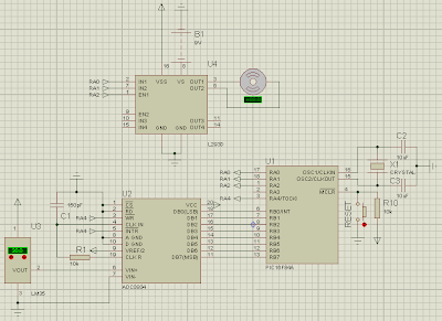 Rangkaian gabungan LM35, ADC0804, PIC16F84A dan L293D