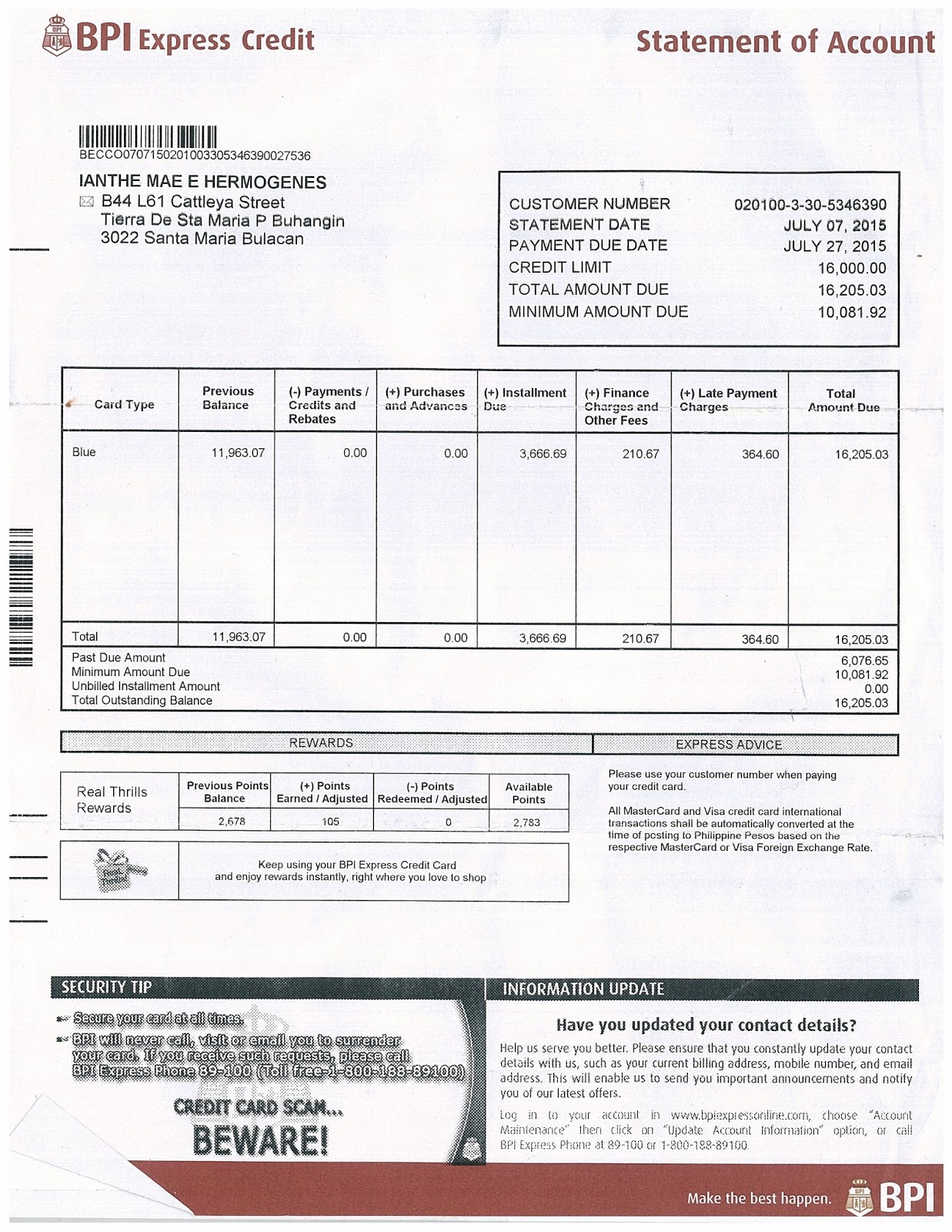 PAPELES NG PINOY: BPI EXPRESS CREDIT - STATEMENT OF ACCOUNT