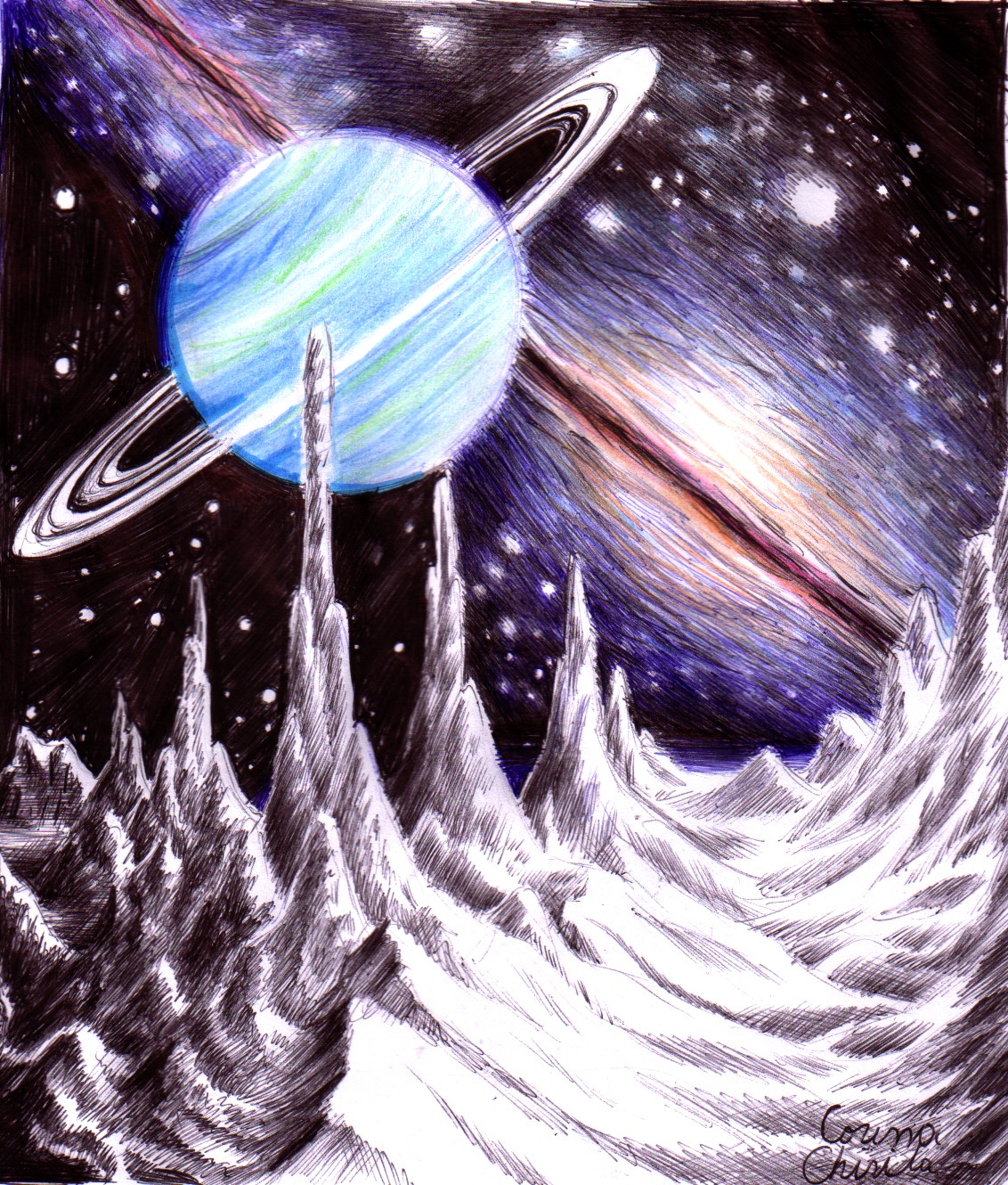 The space paintings of Corina Chirila: Uranus seen from it's moon Miranda