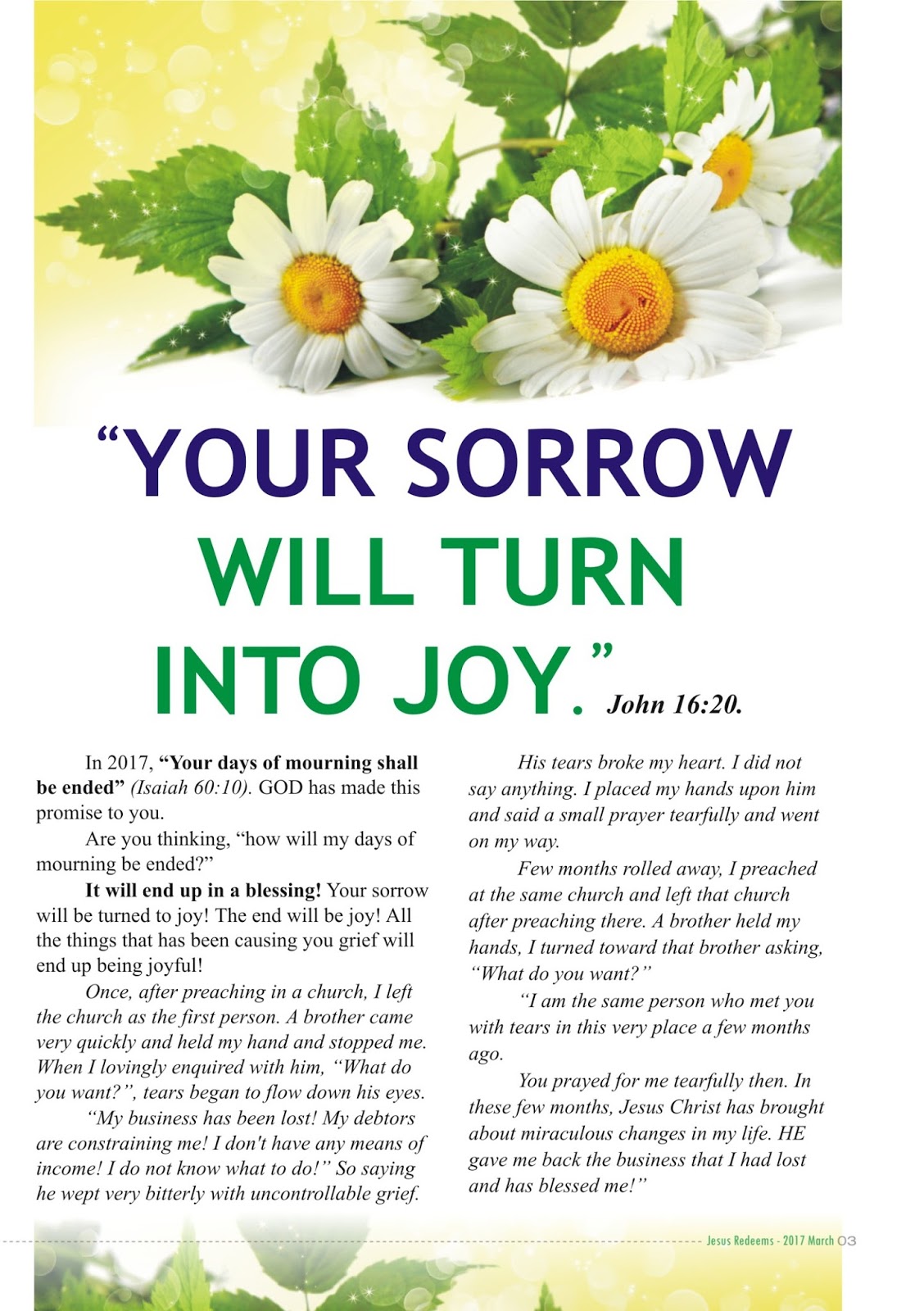 GOLDEN HANDS OF GRACE: YOUR SORROW WILL TURN TO JOY - MSG BY BRO. MOHAN ...