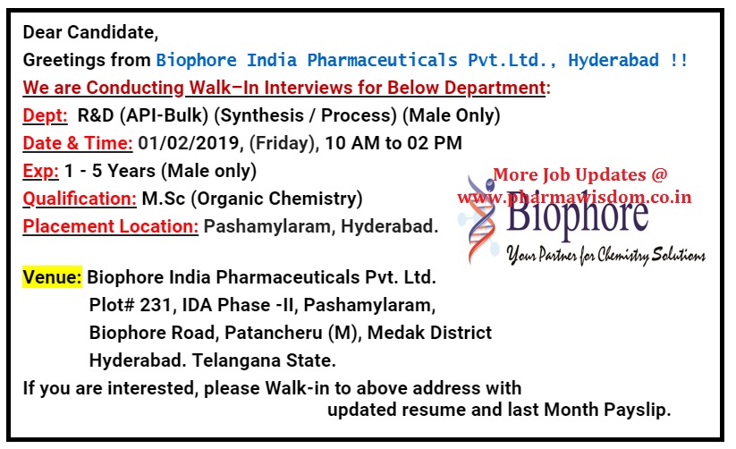 Biophore India Pharmaceuticals - Walk-In Interviews for R&D on 1st Feb ...
